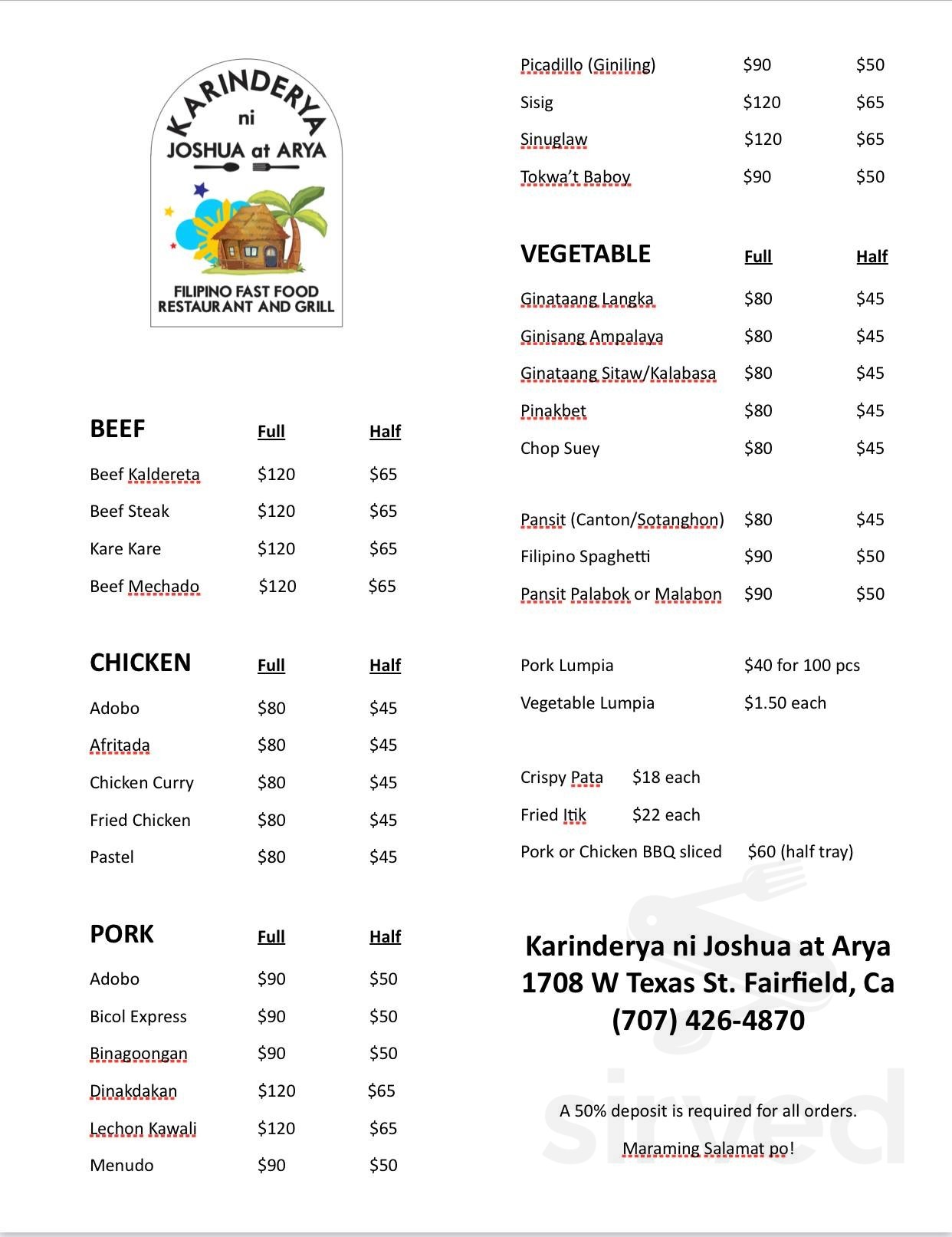 Karinderya ni Joshua at Arya menu in Fairfield, California, USA