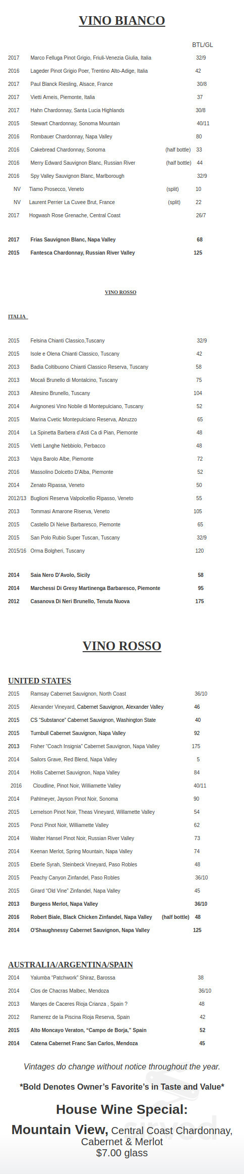 CIBO menu in Fort Myers, Florida, USA