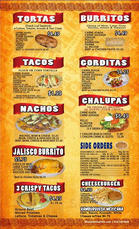 Bandera Jalisco menu in San Antonio, Texas, USA