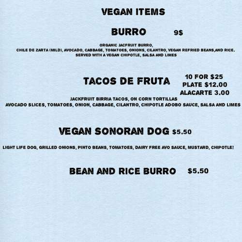 Taco stop menu in Tucson, Arizona, USA