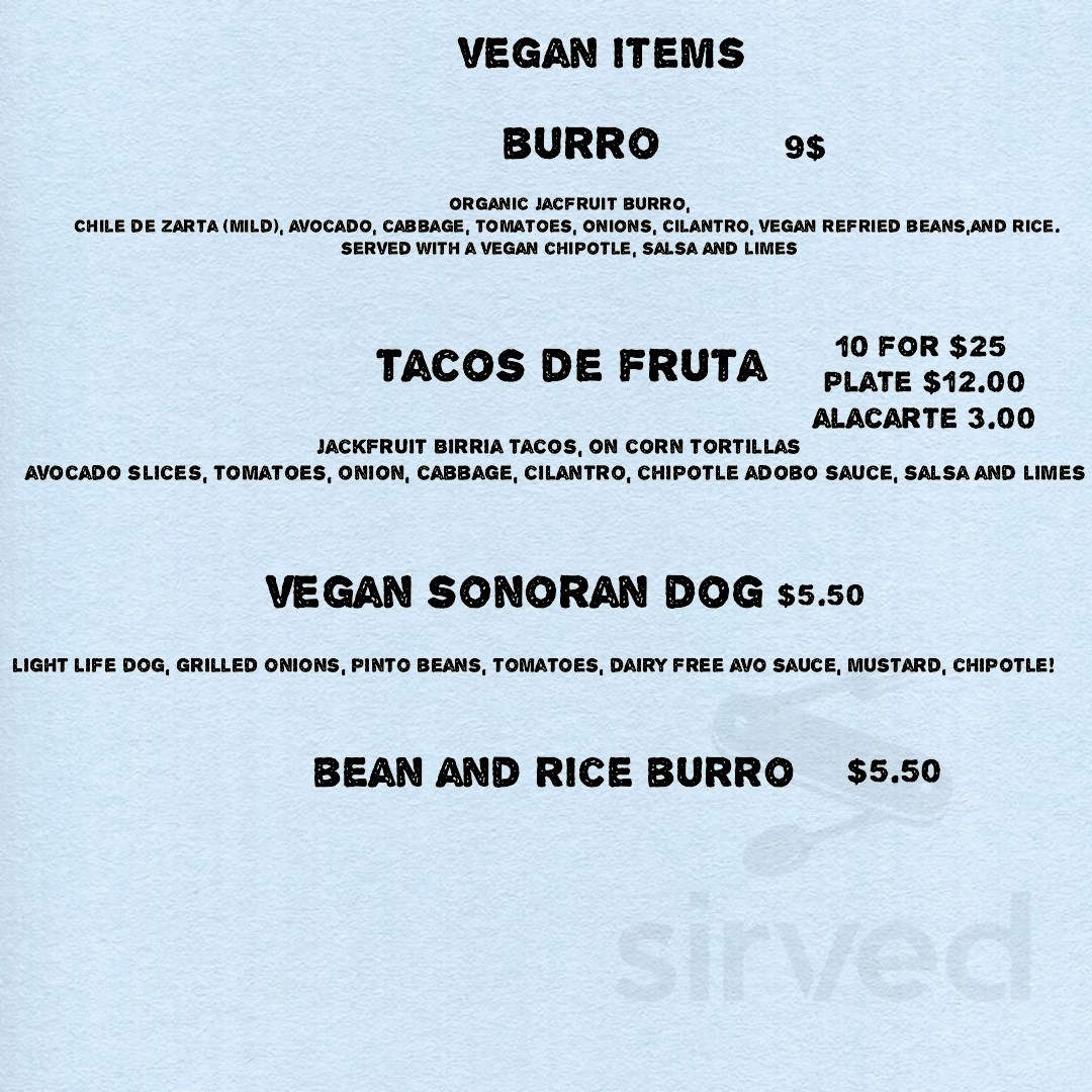 Taco stop menu in Tucson, Arizona, USA