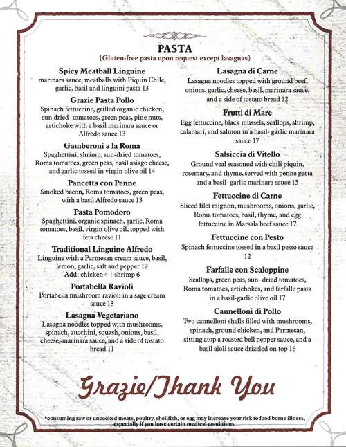 Cafe Grazie menu in Santa Fe, New Mexico, USA