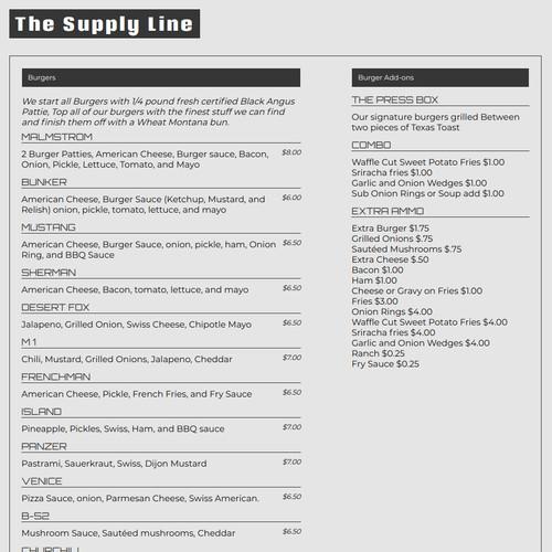 The Burger Bunker menu in Great Falls, Montana, USA