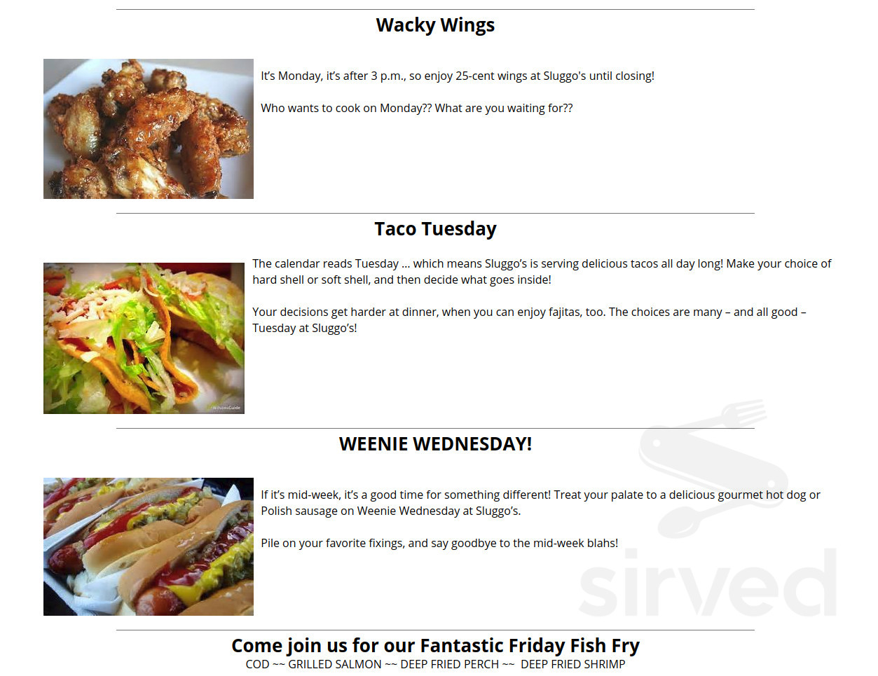 Menu for Sluggo's Sports Pub & Grill in Brookfield, WI | Sirved