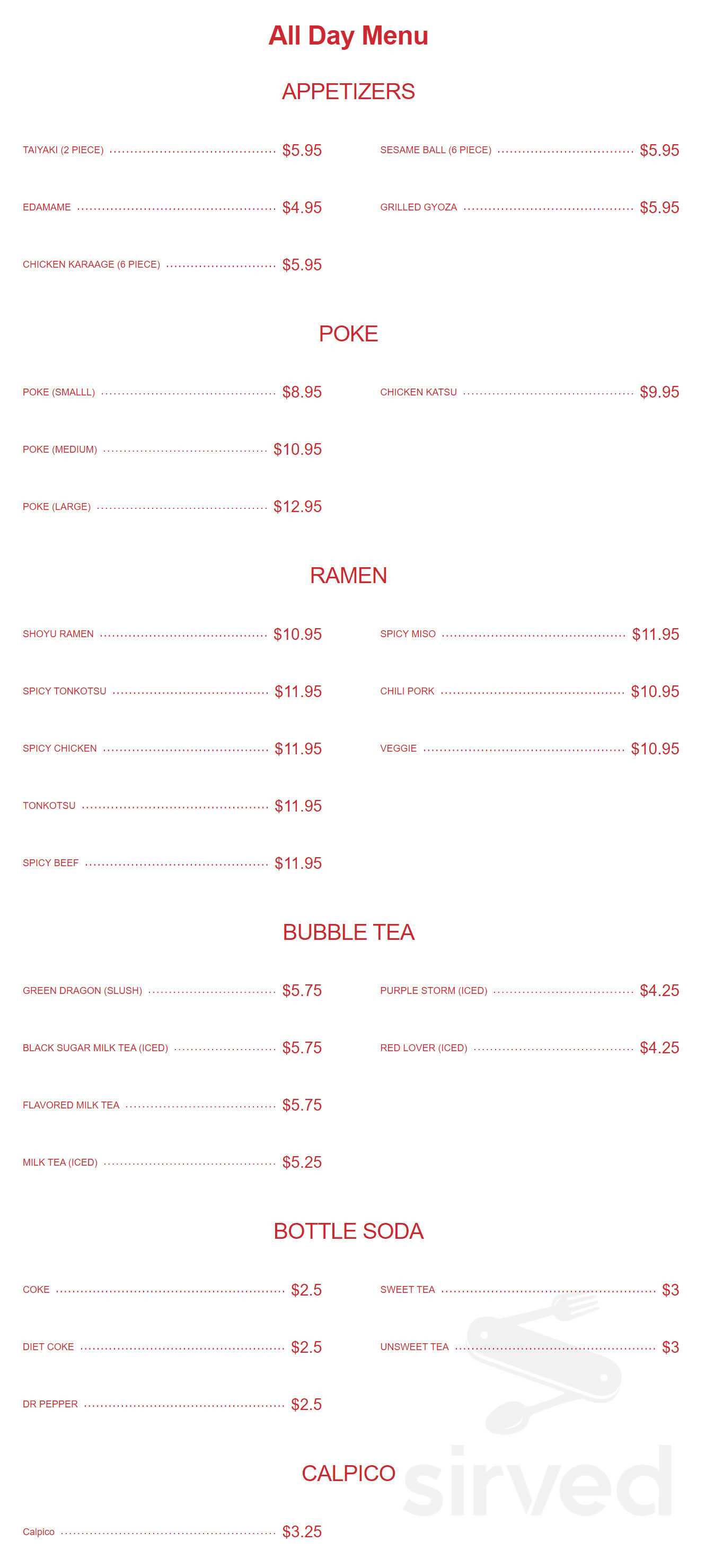 Honolulu Poke & Ramen menu in Cheyenne, Wyoming, USA