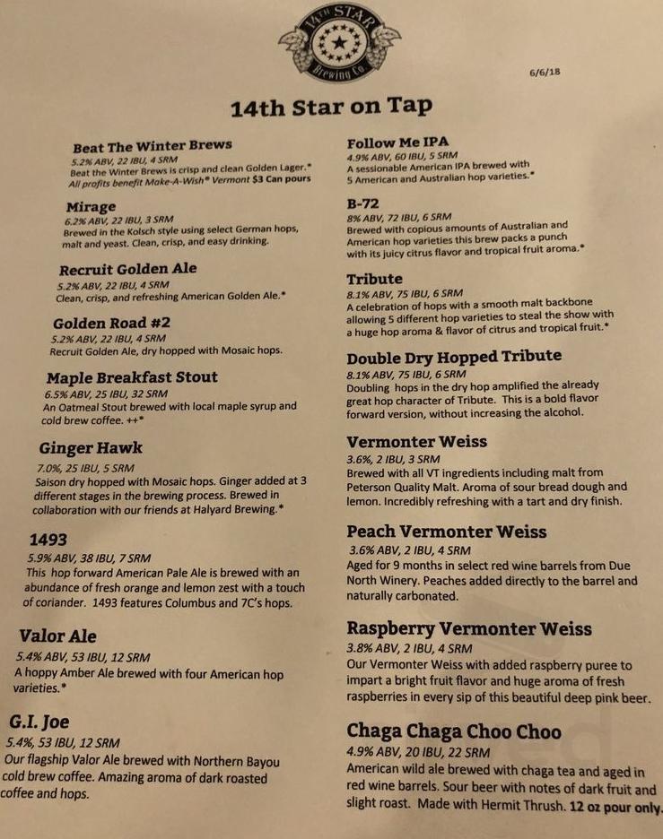 Menu for 14th Star Brewing Co. in St Albans City, VT | Sirved