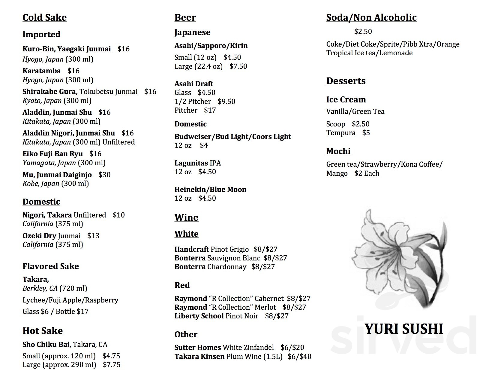 Yuri Japanese Restaurant menu in San Jose, California, USA