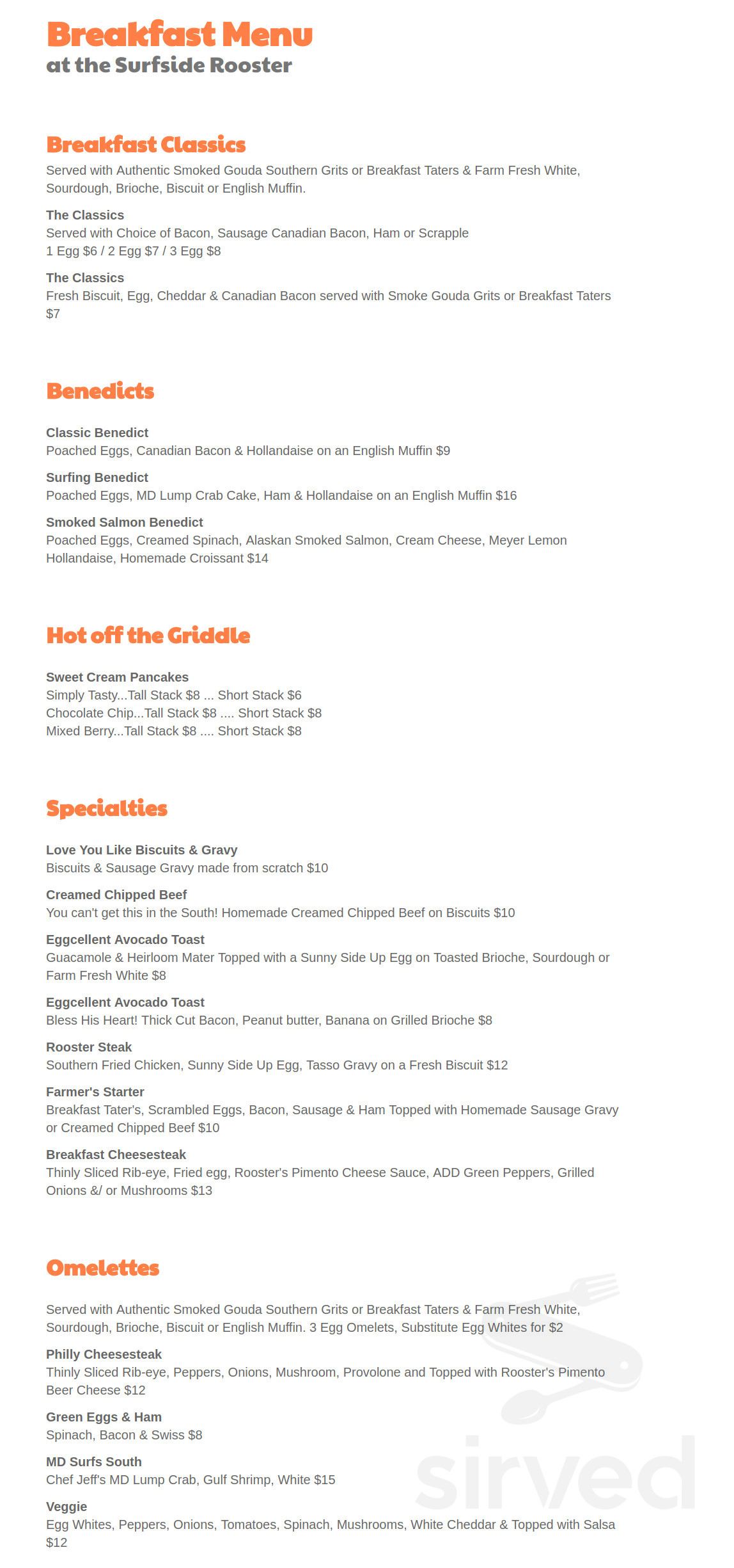 Menu for Surfside Rooster in Ocean City, MD | Sirved