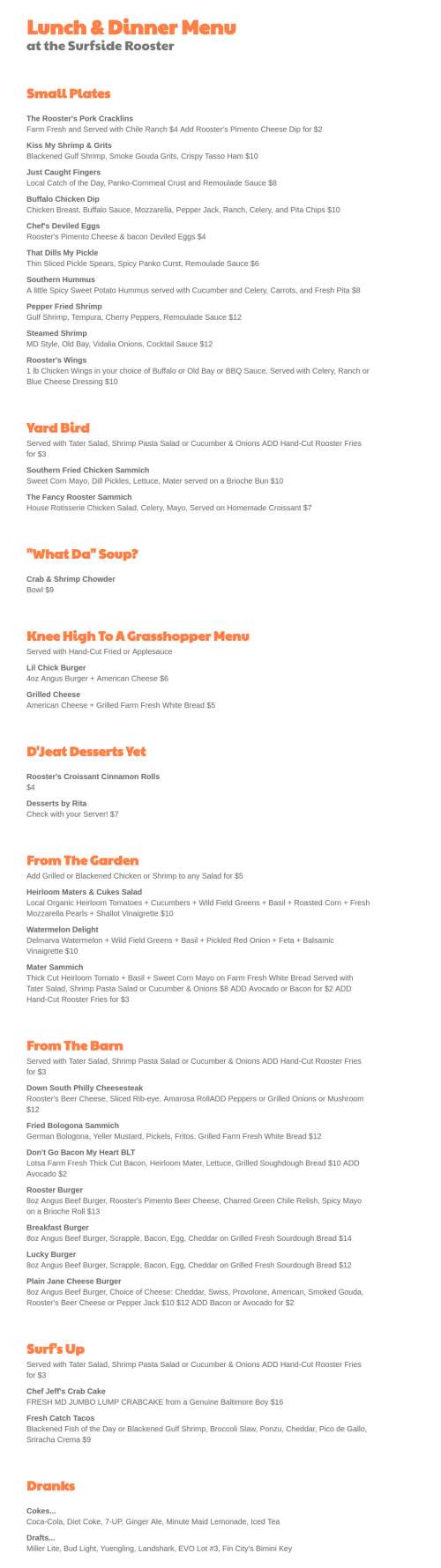 Surfside Rooster menu in Ocean City, Maryland, USA