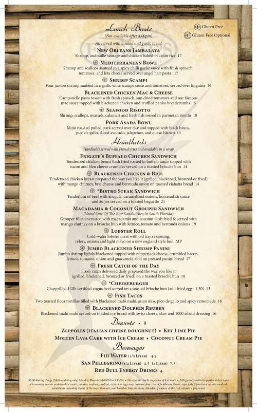 Frigate's Waterfront Bar & Grill - Melbourne menu in Melbourne, Florida ...