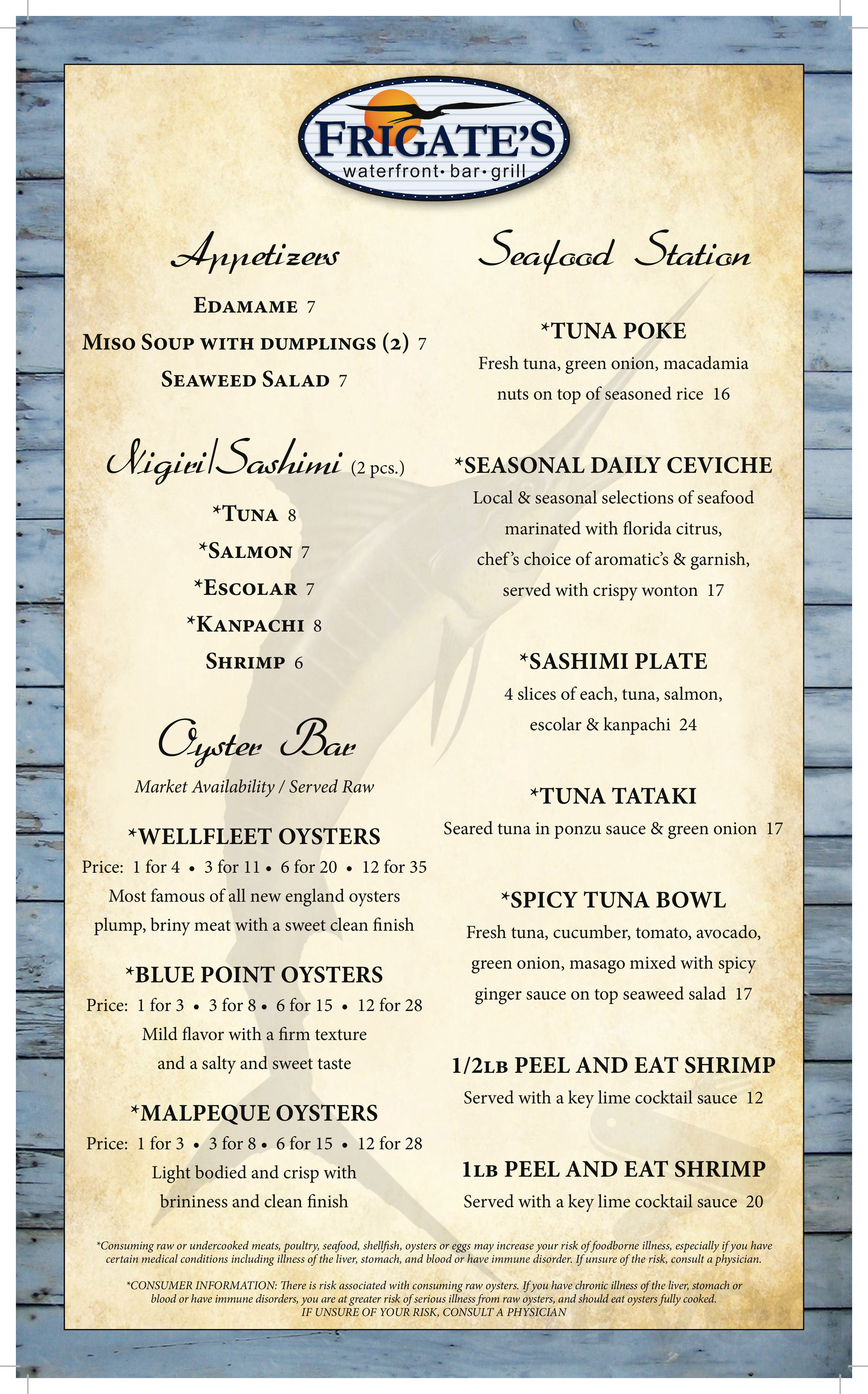 Frigate's Waterfront Bar & Grill - Melbourne menu in Melbourne, Florida ...
