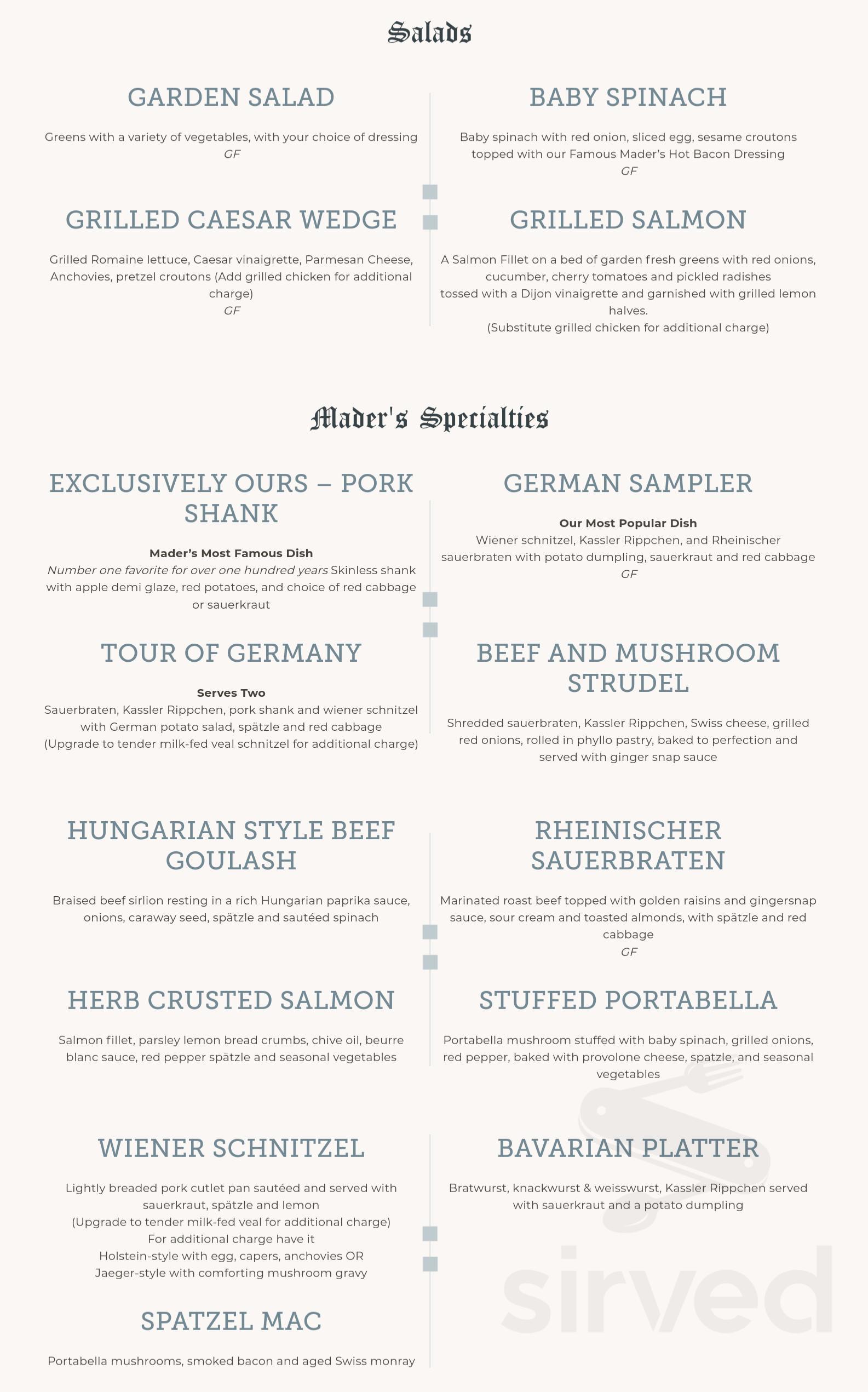 Mader's Restaurant menu in Milwaukee, Wisconsin, USA