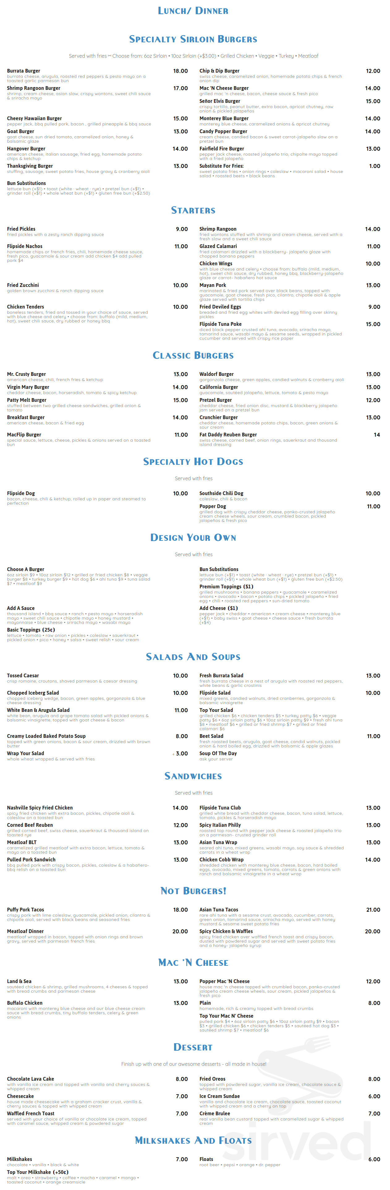 Flipside Burgers & Bar menu in Fairfield, Connecticut, USA