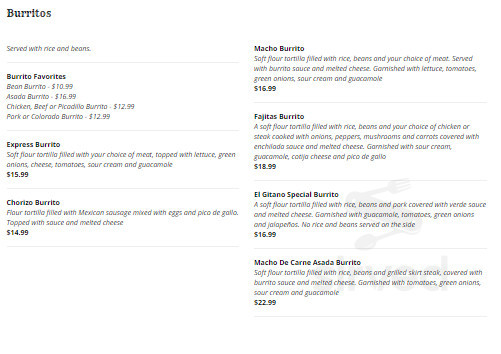 El Gitano Mexican Restaurant menus in Burlington, Washington, United States