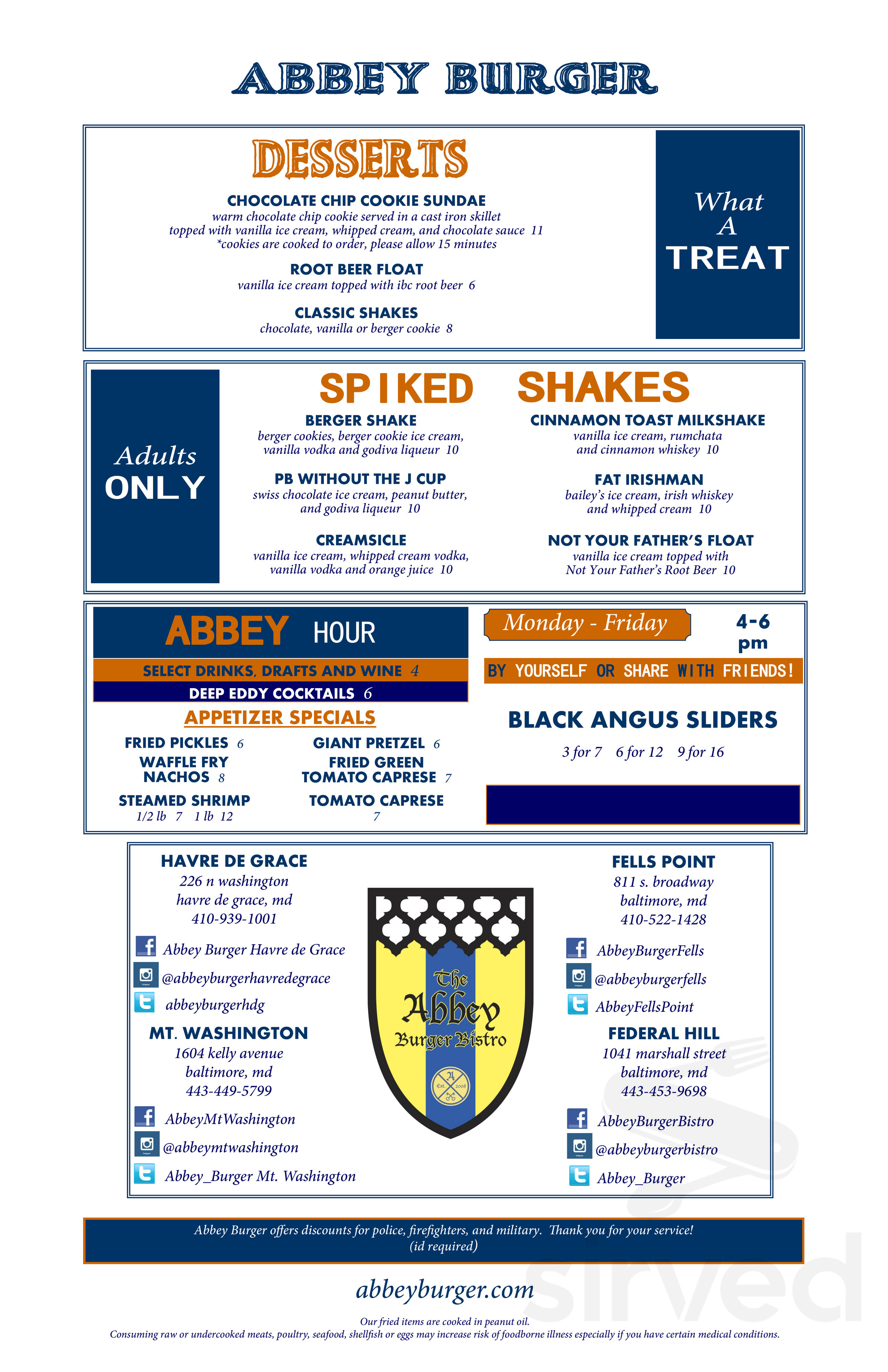 The Abbey Burger Bistro menu in Baltimore, Maryland, USA