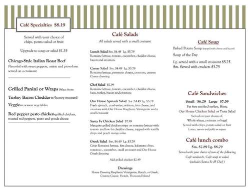 Café on the Abbey menu in Columbia, Illinois, USA