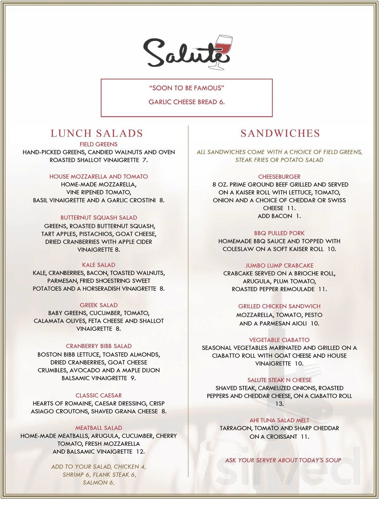 Salute menu in Hartford, Connecticut, USA