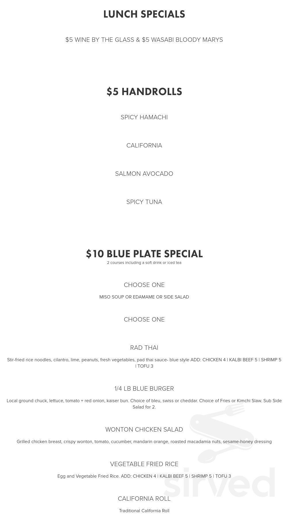 Sushi Blue menu in Park City, Utah, USA