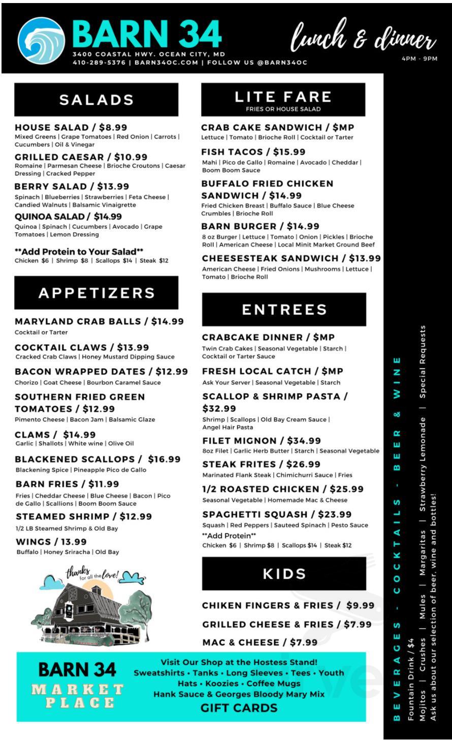 Barn 34 menu in Ocean City, Maryland, USA