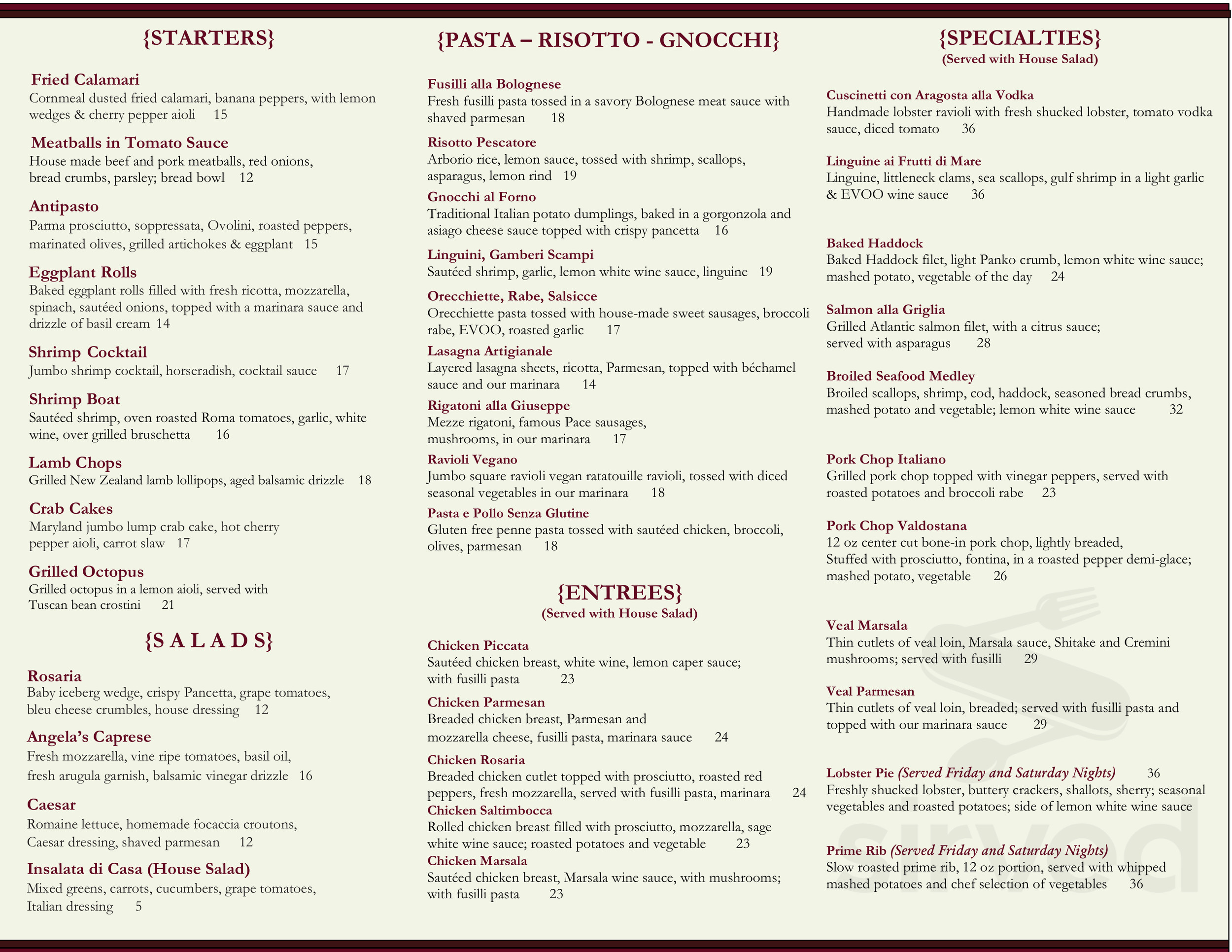 Rosaria menu in Saugus, Massachusetts, USA