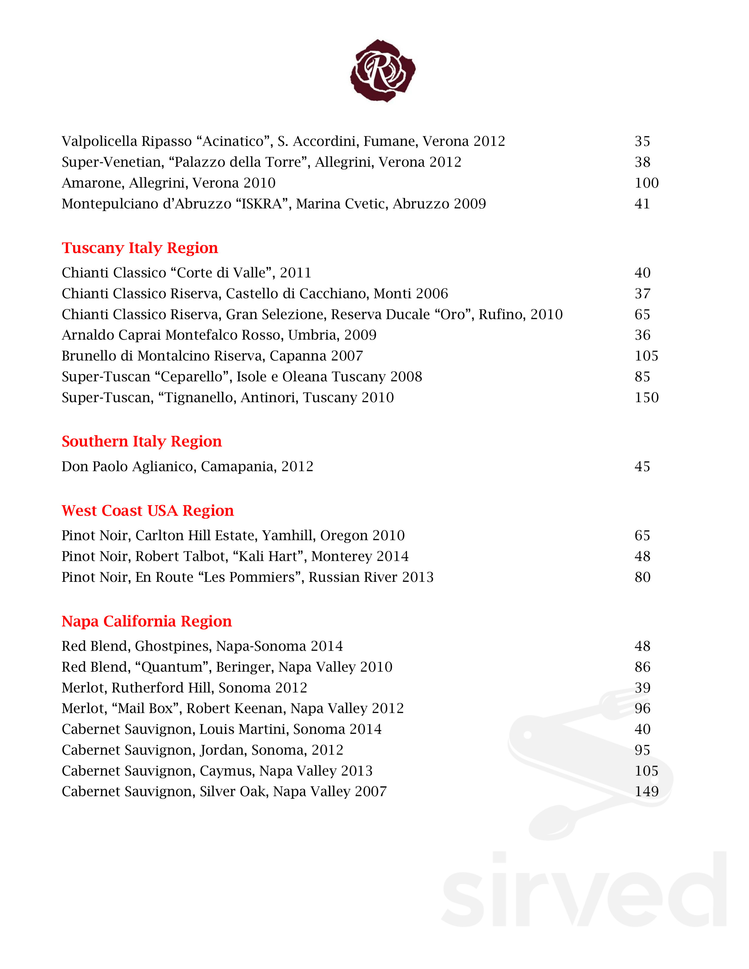 Rosaria menu in Saugus, Massachusetts, USA