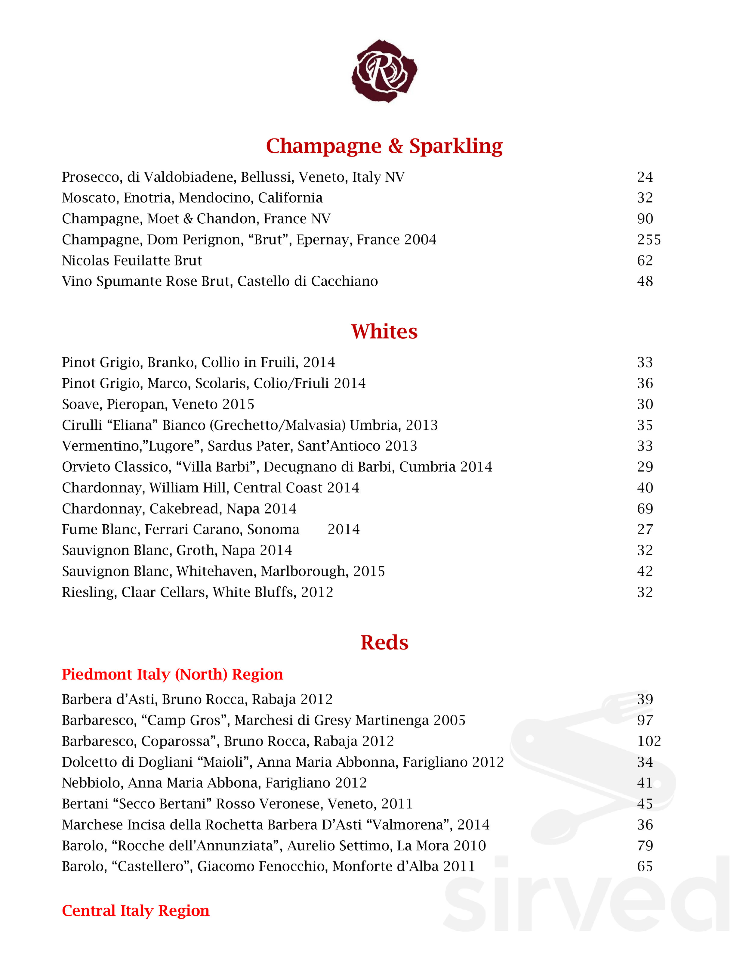 Rosaria menu in Saugus, Massachusetts, USA