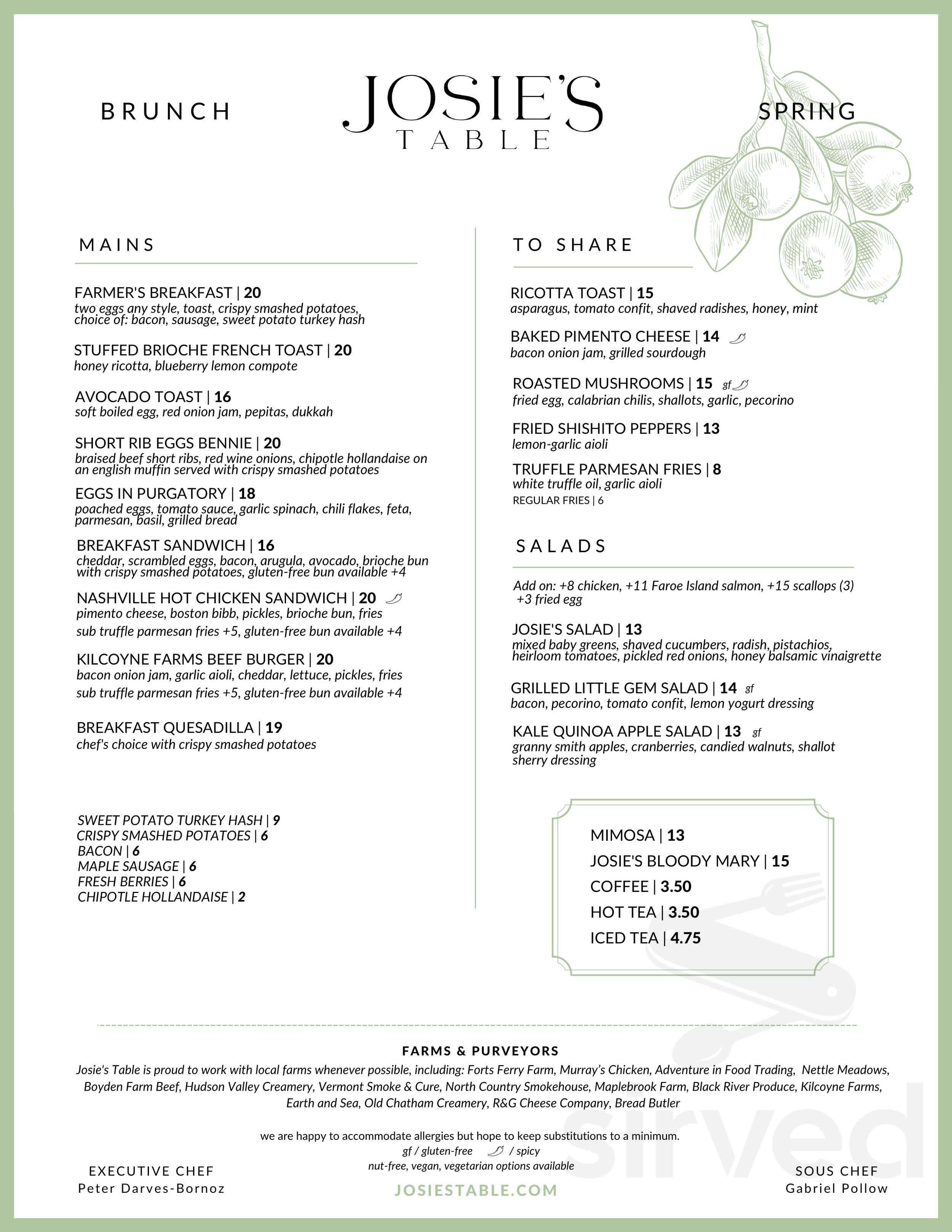Menu for Josie's Table in Albany, NY | Sirved