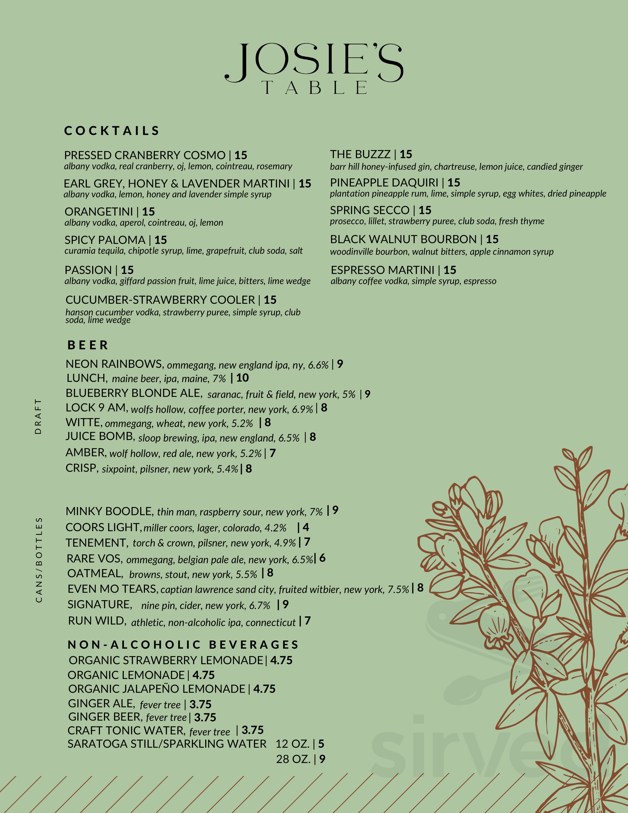 Menu for Josie's Table in Albany, NY | Sirved