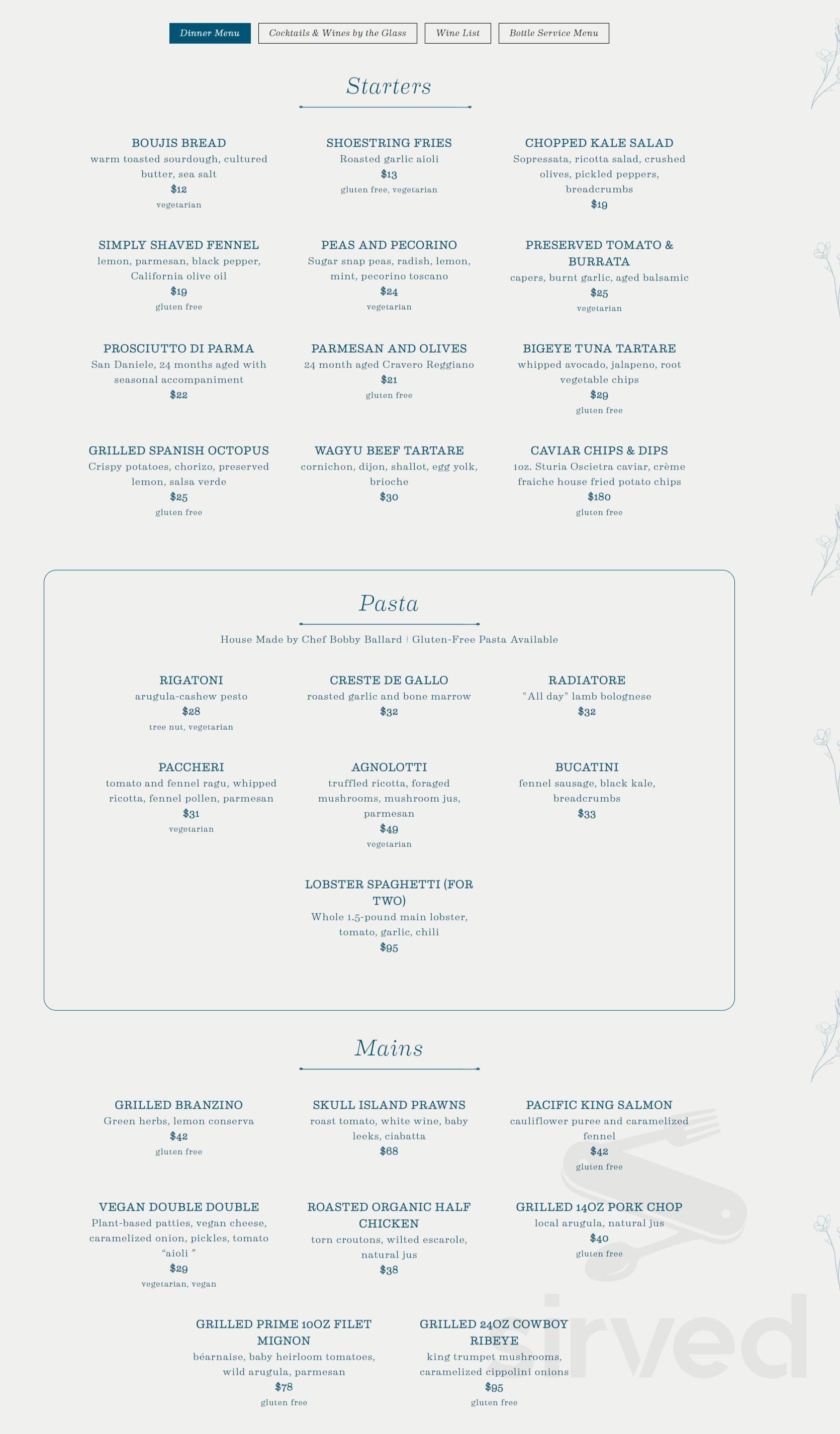Olivetta menu in West Hollywood, California, USA