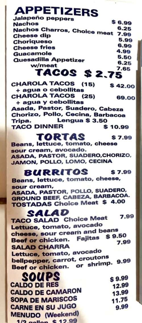 Charros Tacos menu in Hammond, Indiana, USA