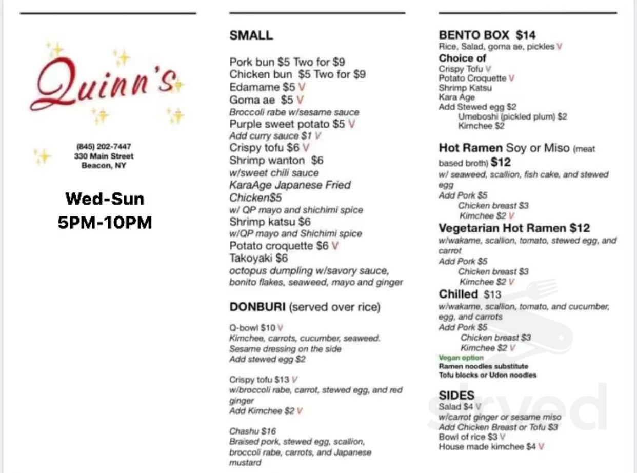 Quinn's menu in Beacon, New York, USA