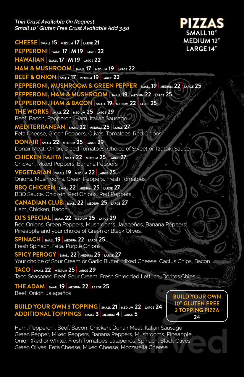 DJ's Pizzeria menu in St. Albert, Alberta, Canada