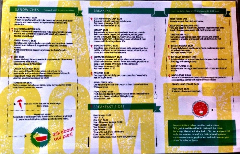 Comet Cafe menu in Milwaukee, Wisconsin, USA