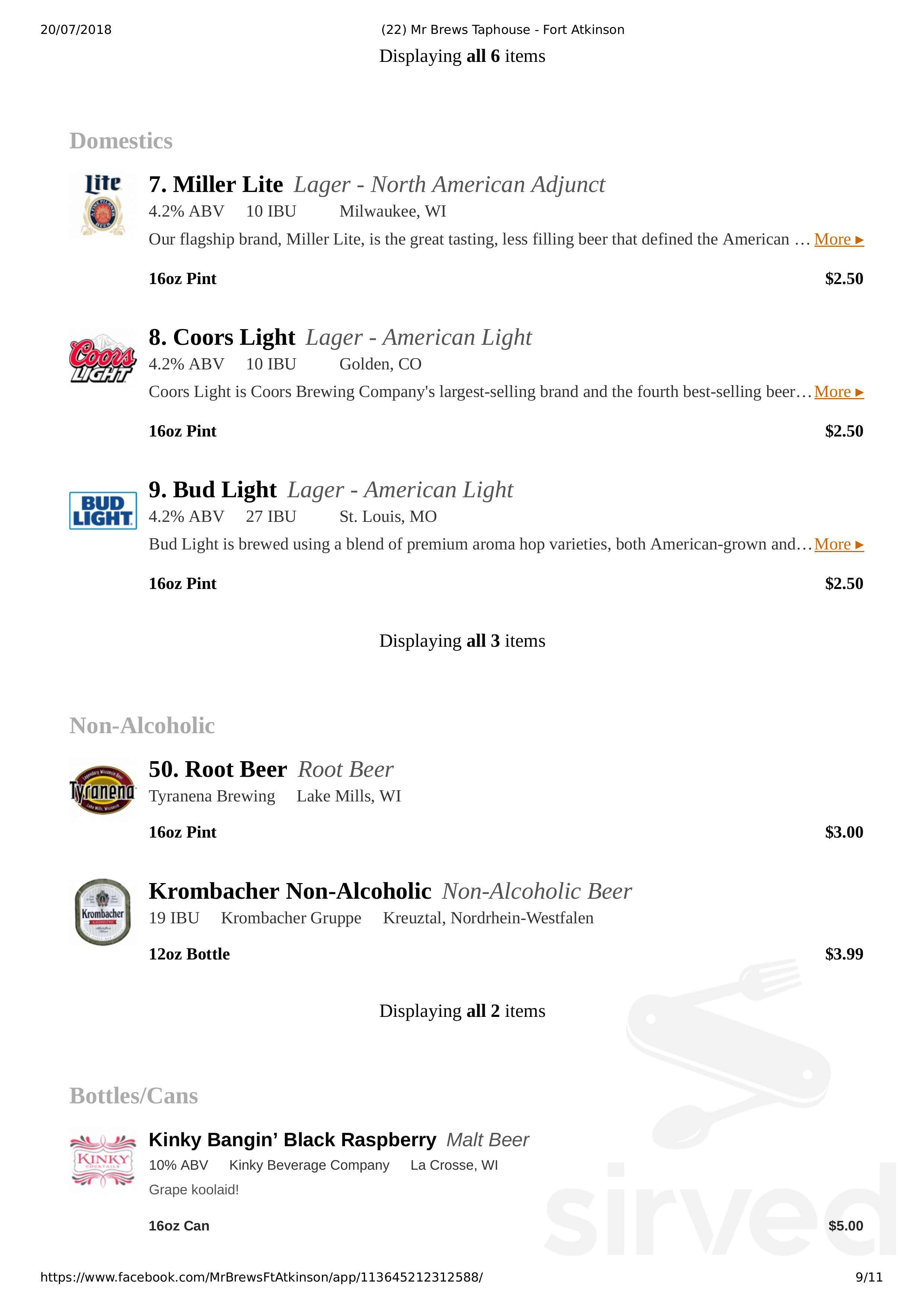 Mr Brews Taphouse menu in Fort Atkinson, Wisconsin, USA