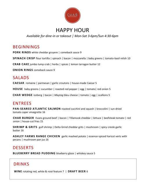 Char Restaurant menu in Nashville, Tennessee, USA