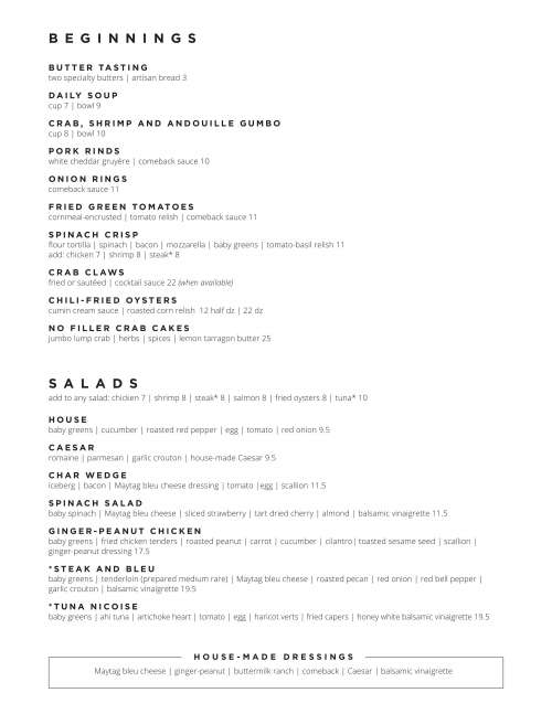 Char Restaurant menu in Nashville, Tennessee, USA