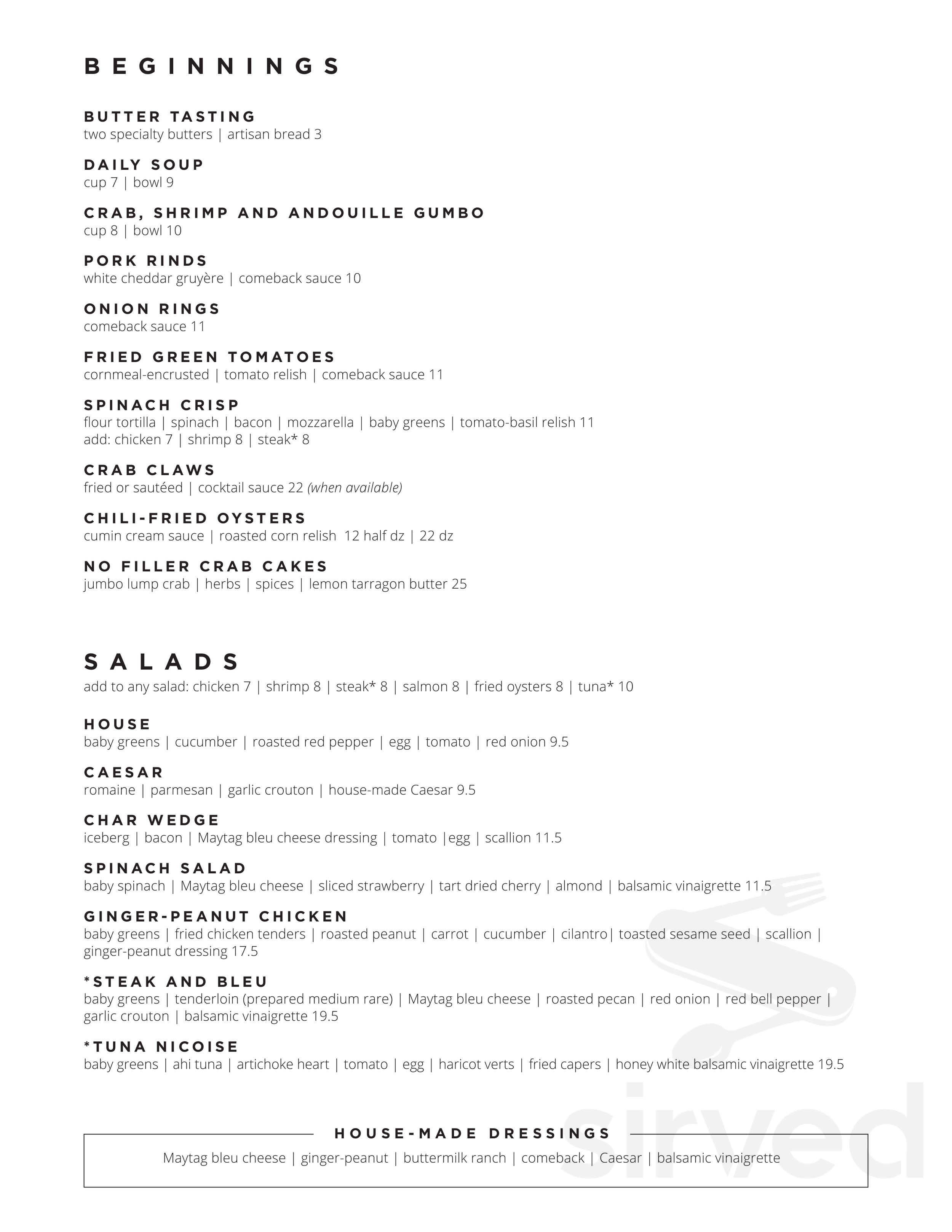 Char Restaurant menu in Nashville, Tennessee, USA