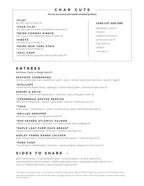 Char Restaurant menu in Nashville, Tennessee, USA
