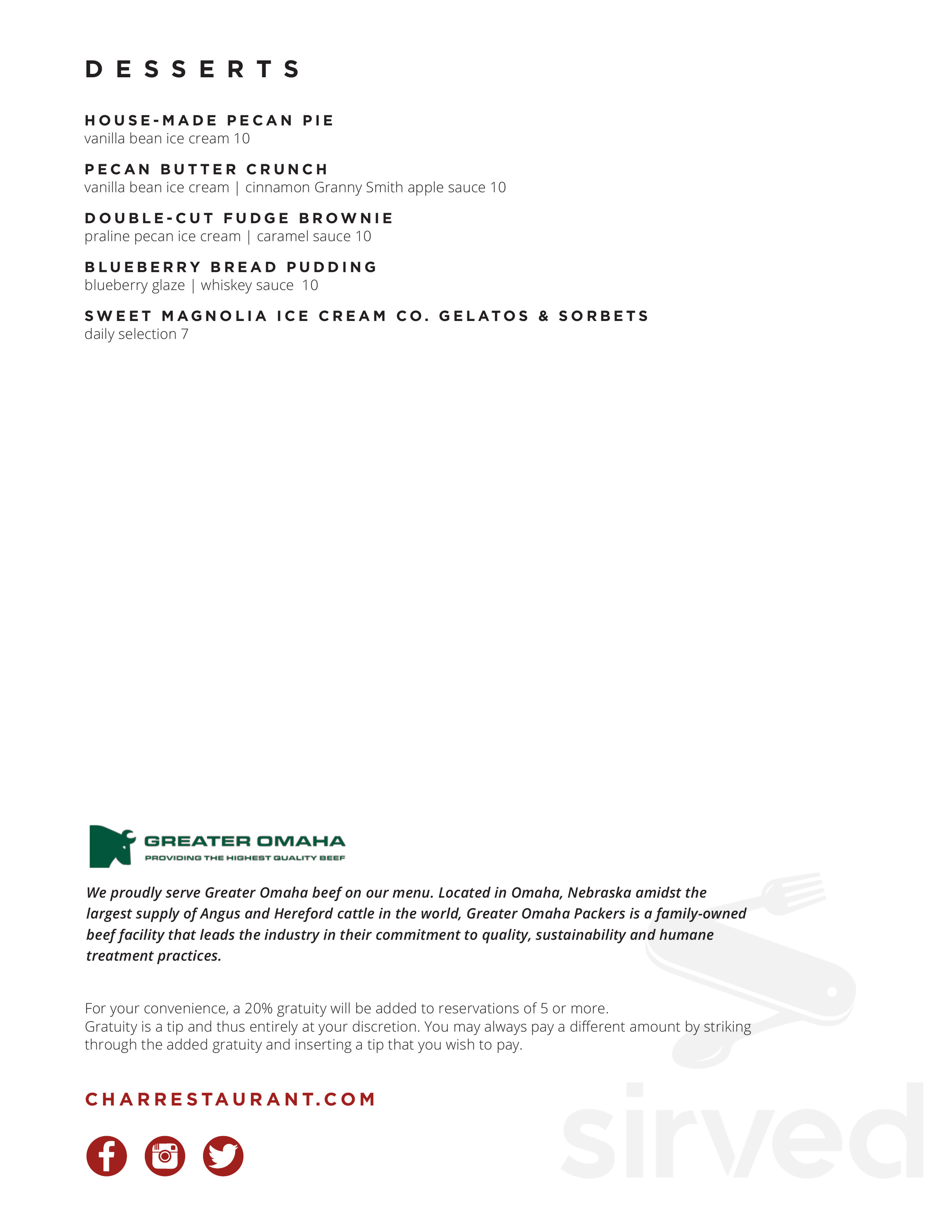 Char Restaurant menu in Huntsville, Alabama, USA