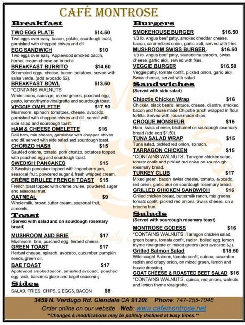 Café Montrose menu in Glendale, California, USA