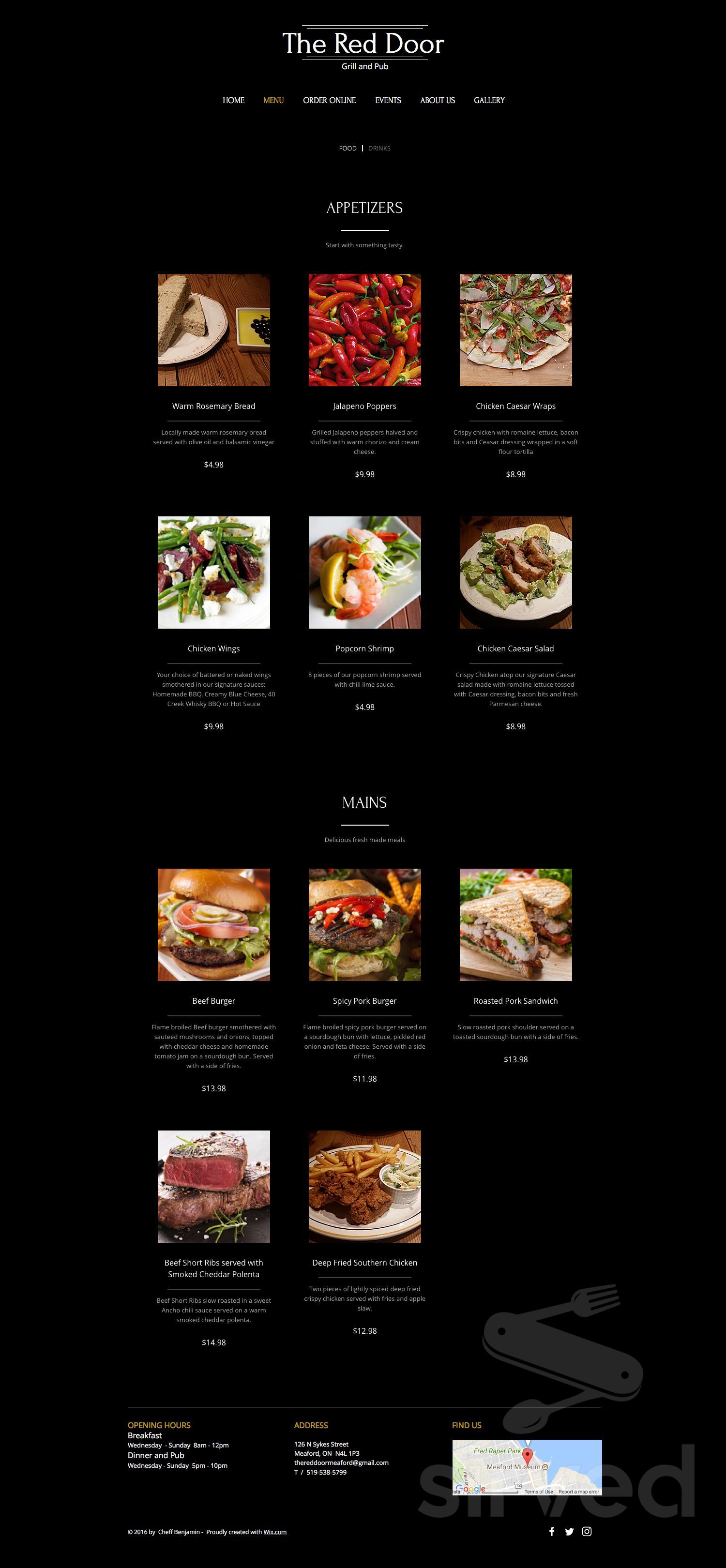 Menu for The Red Door Restaurant in Meaford, Ontario, Canada