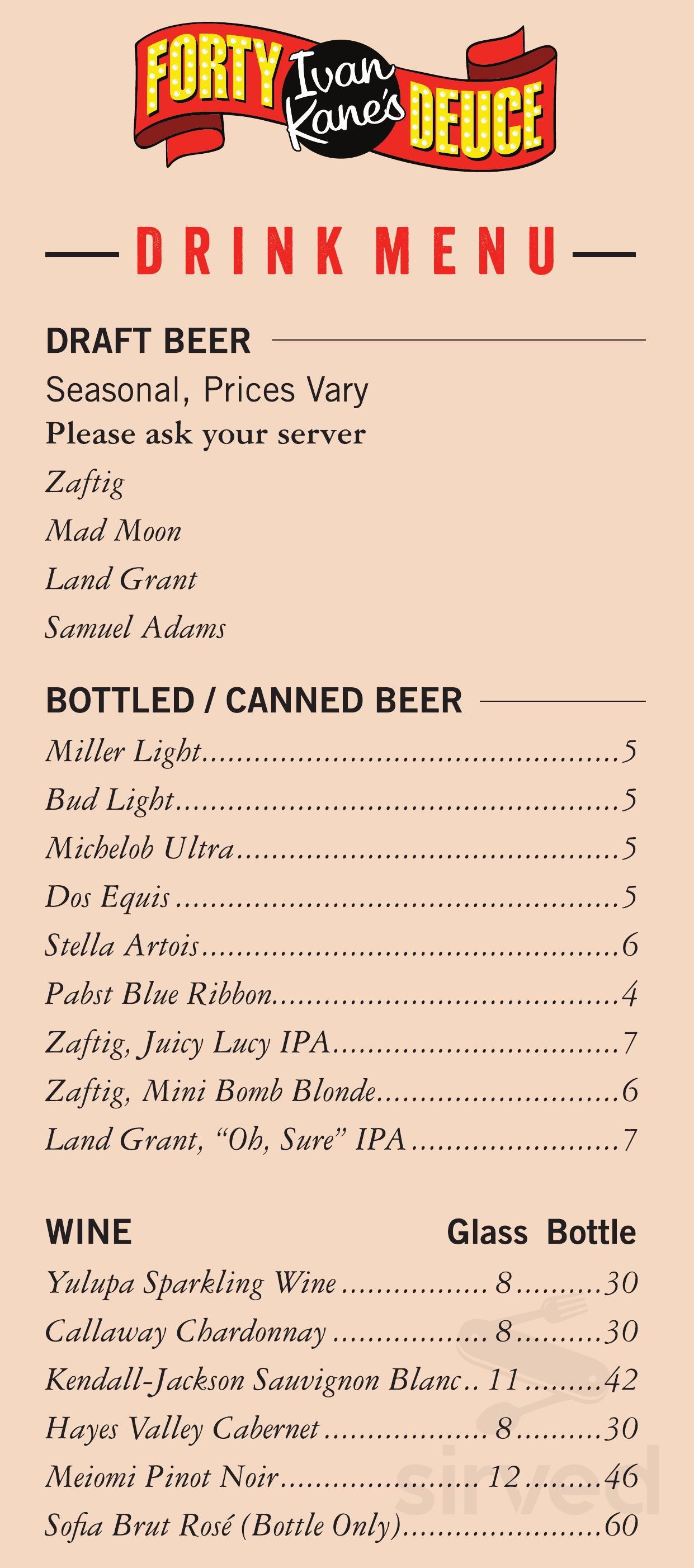 Ivan Kane's Forty Deuce menu in Columbus, Ohio, USA