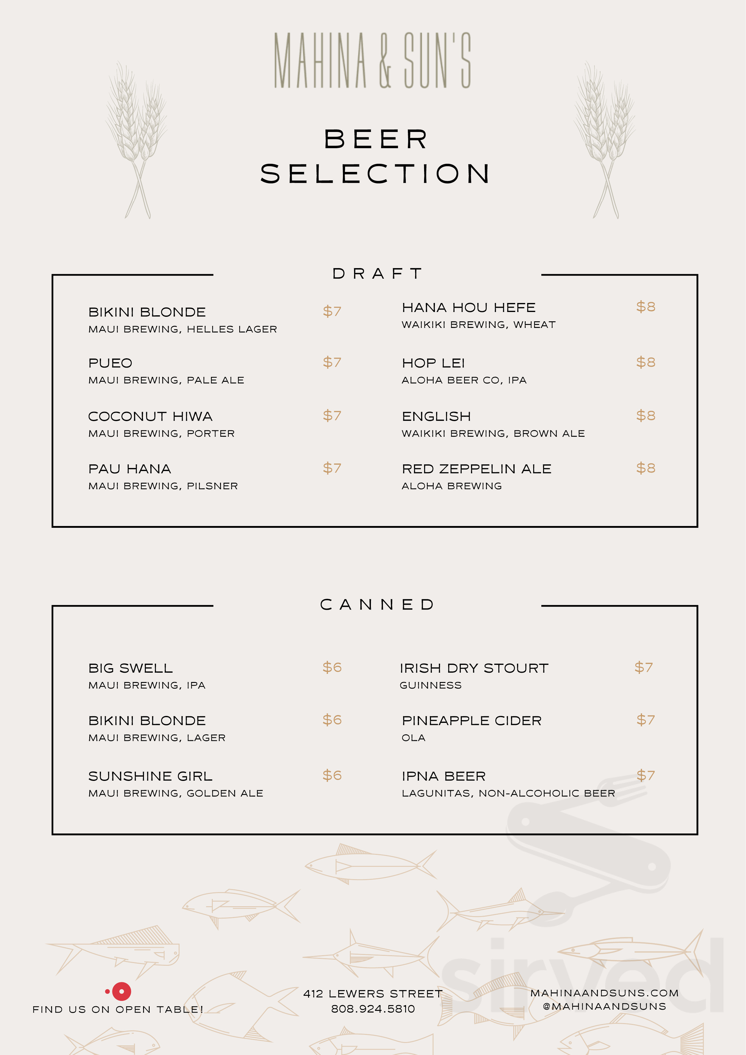Mahina & Sun's menu in Honolulu, Hawaii, USA