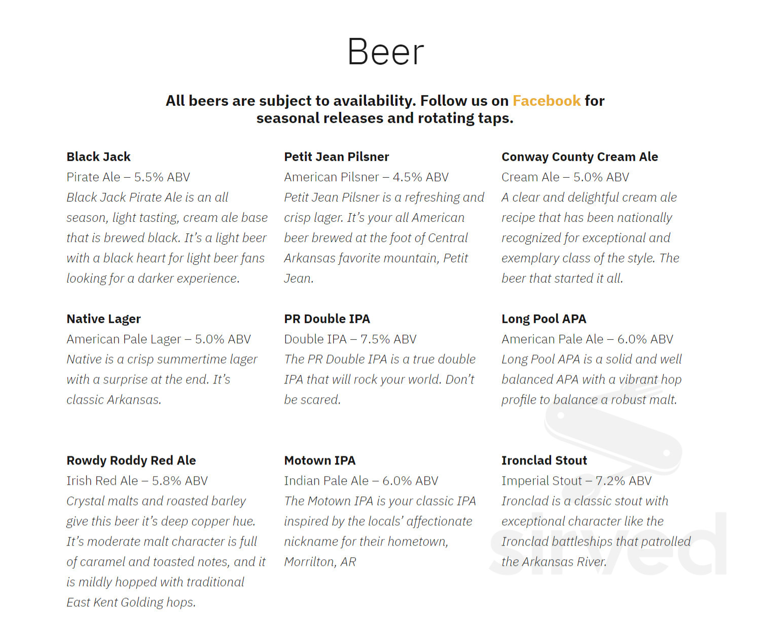 Point Remove Brewing Company menu in Morrilton, Arkansas, USA
