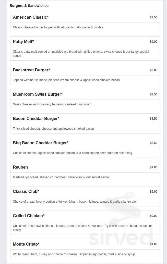 Backstreet Tavern and Grill menu in Denver, Colorado, USA