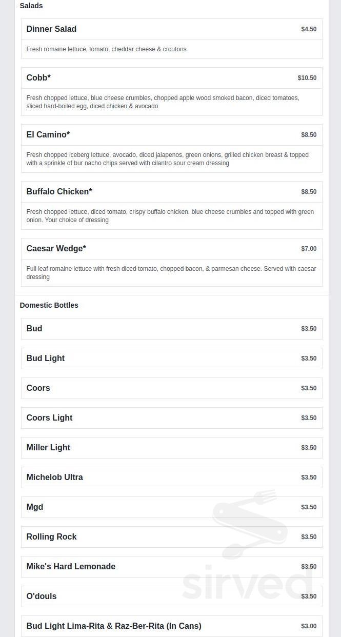 Backstreet Tavern and Grill menu in Denver, Colorado, USA