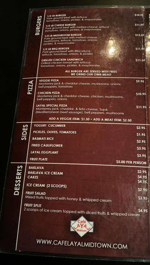 Cafe Layal menu in Houston, Texas, USA