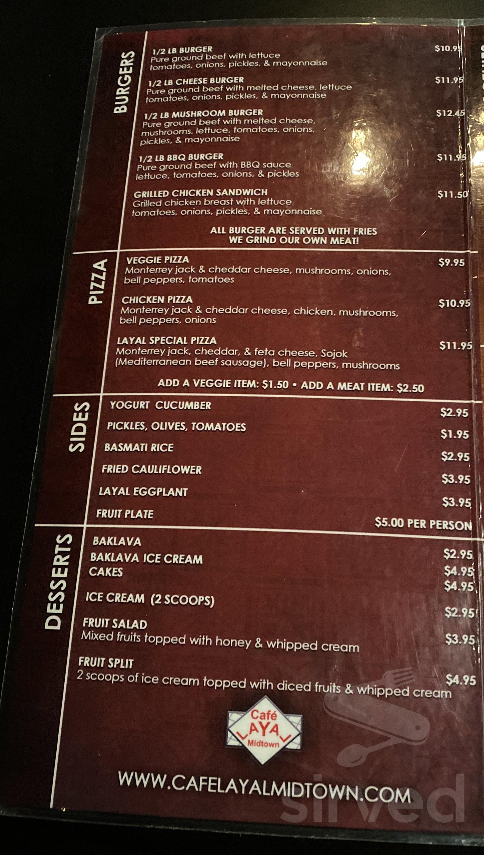 Cafe Layal menu in Houston, Texas, USA