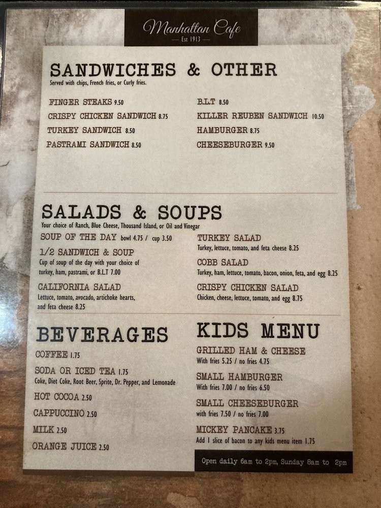Manhattan Cafe menu in Mountain Home, Idaho, USA
