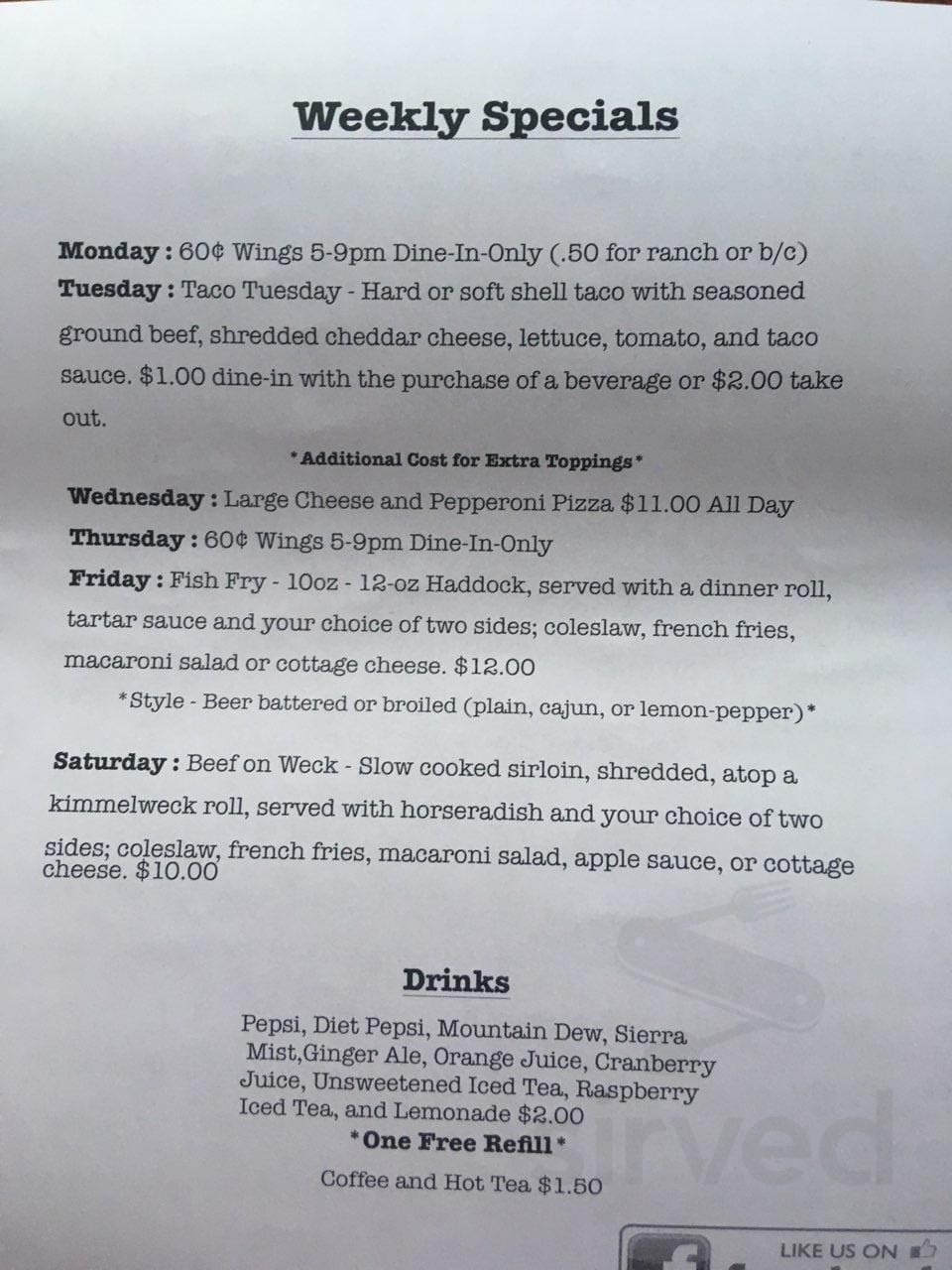 The Bear Brick menu in Little Valley, New York, USA